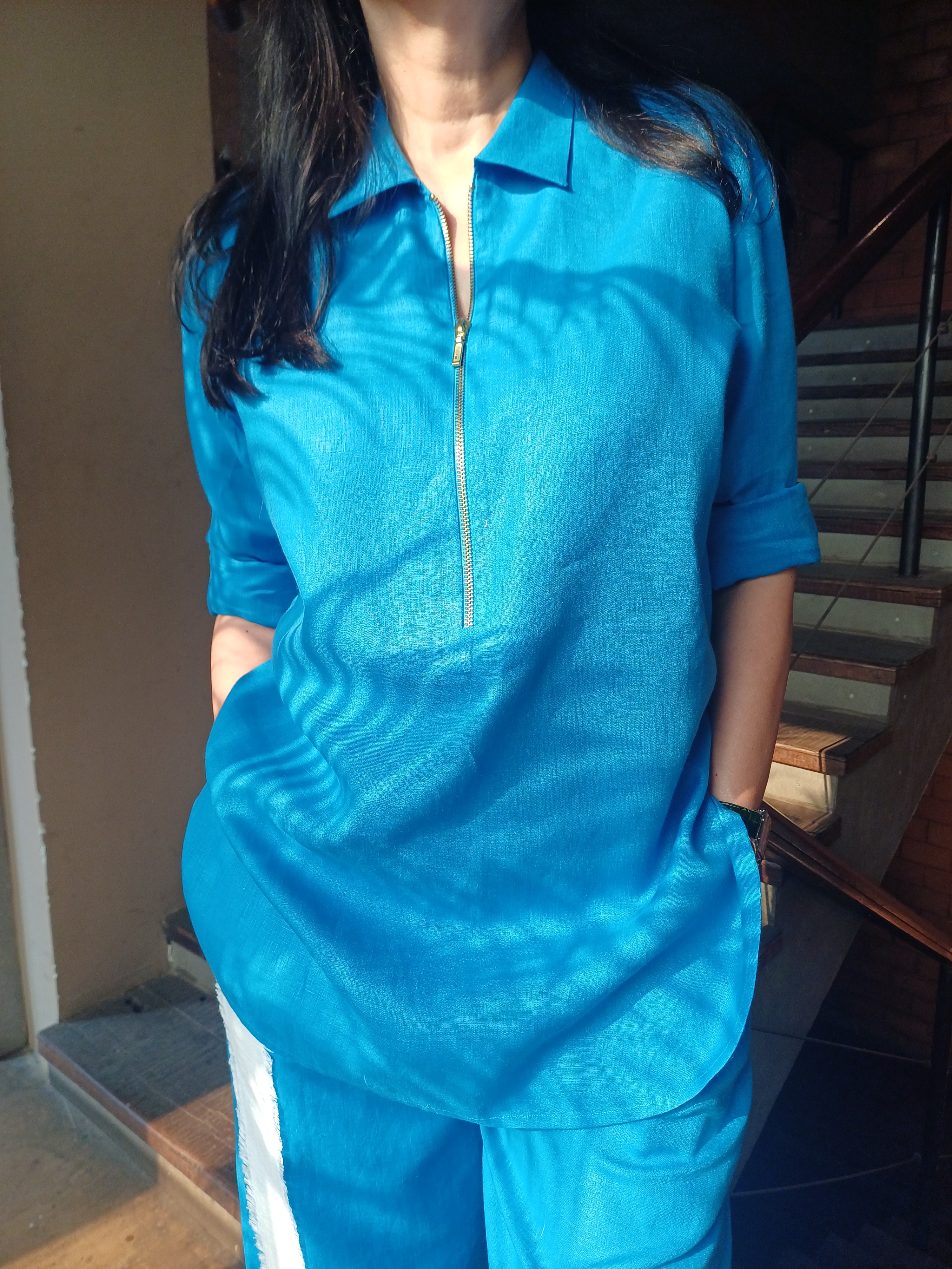 Turquoise Linen Shirt with Zip Details – Mana Label
